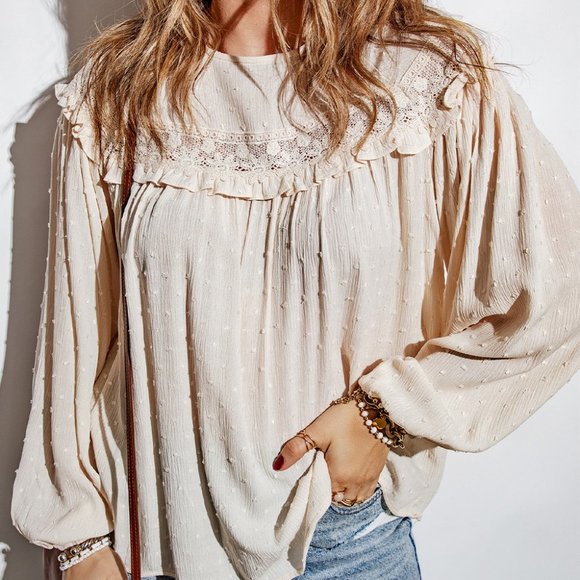 Tops | Beige Laceup Back Blouse | Poshmark
